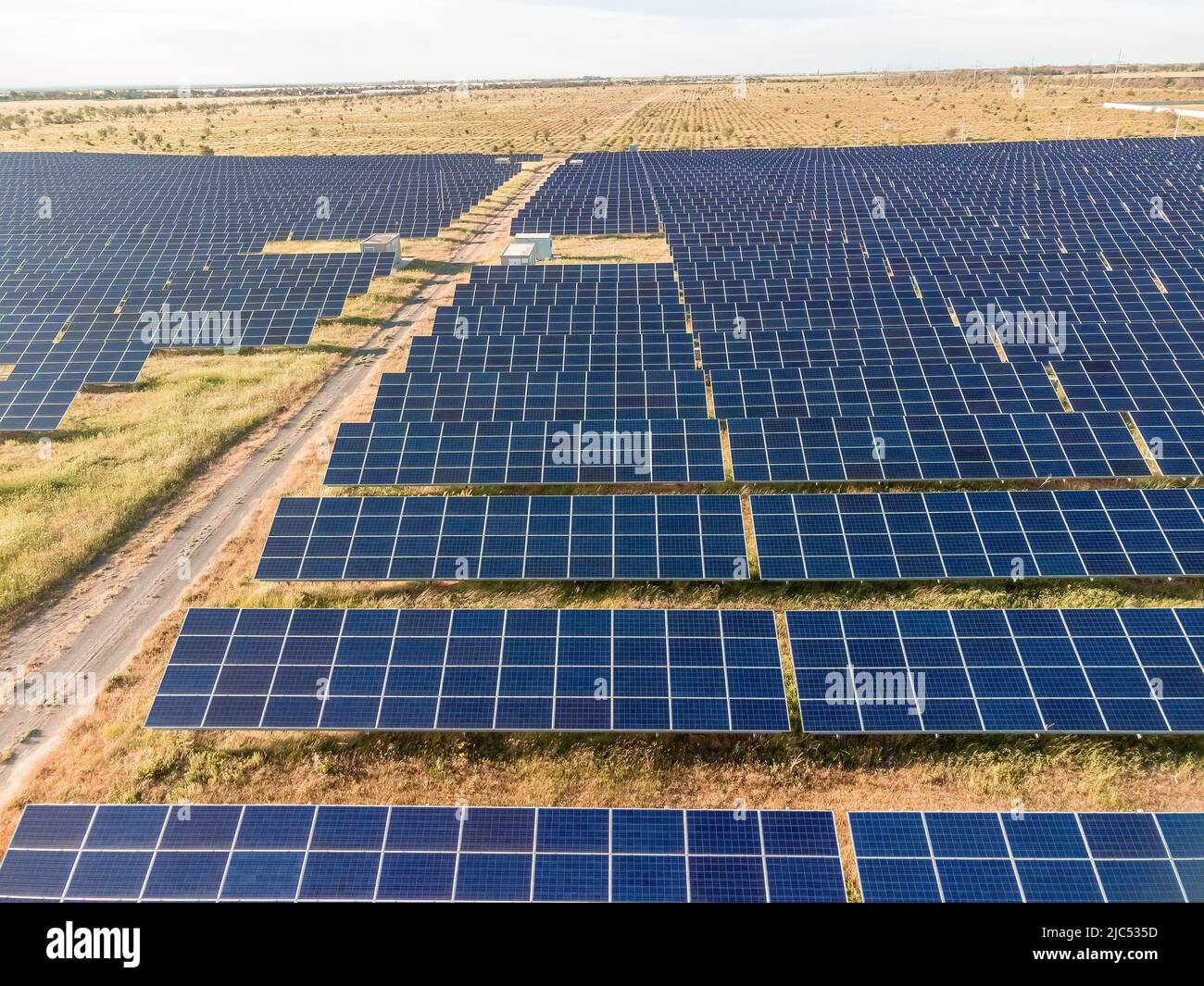 Aerial top view of a solar panels power plant. Photovoltaic solar ...