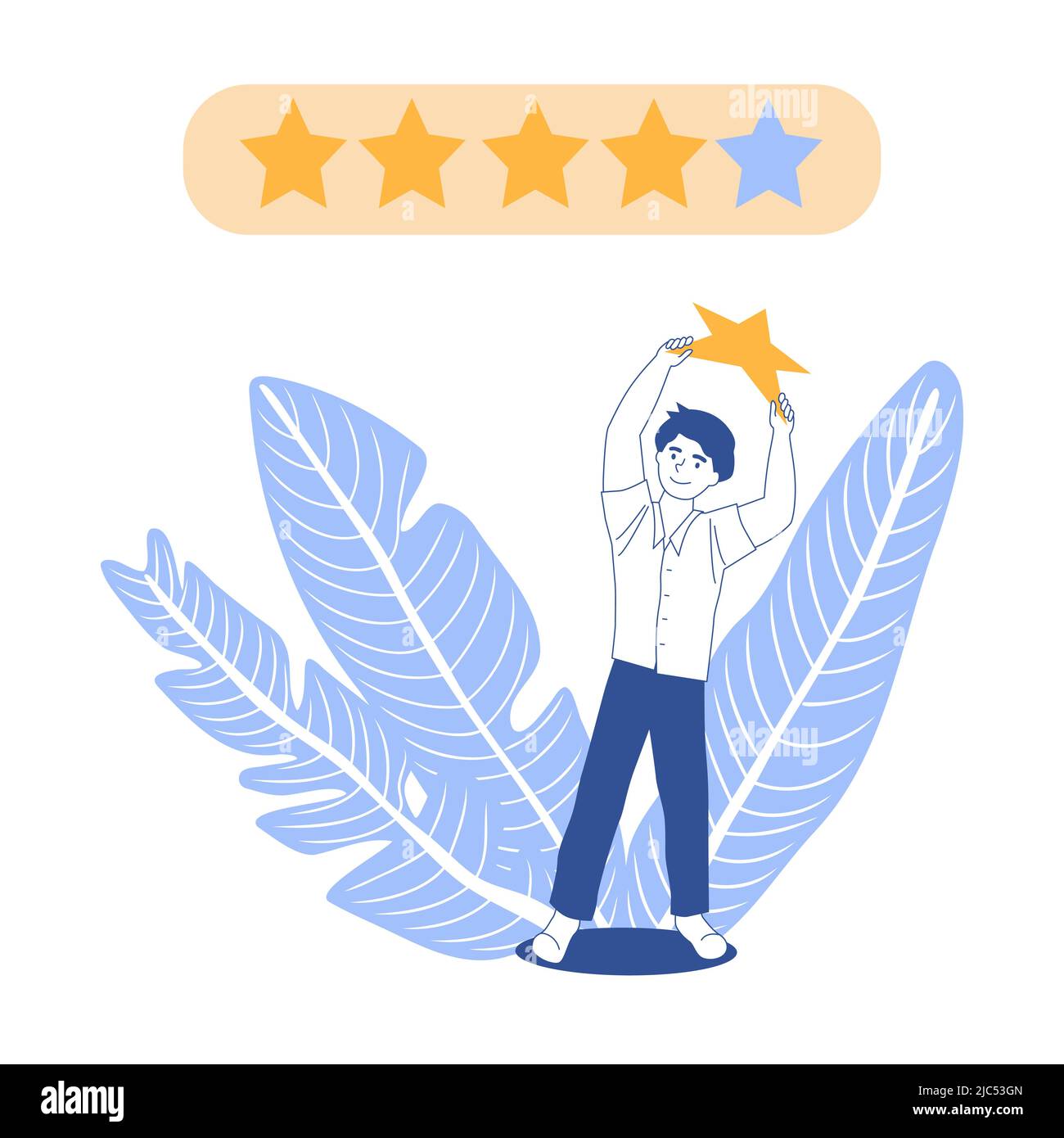 Customer feedback 5 stars rating, man holds star to give highest ...
