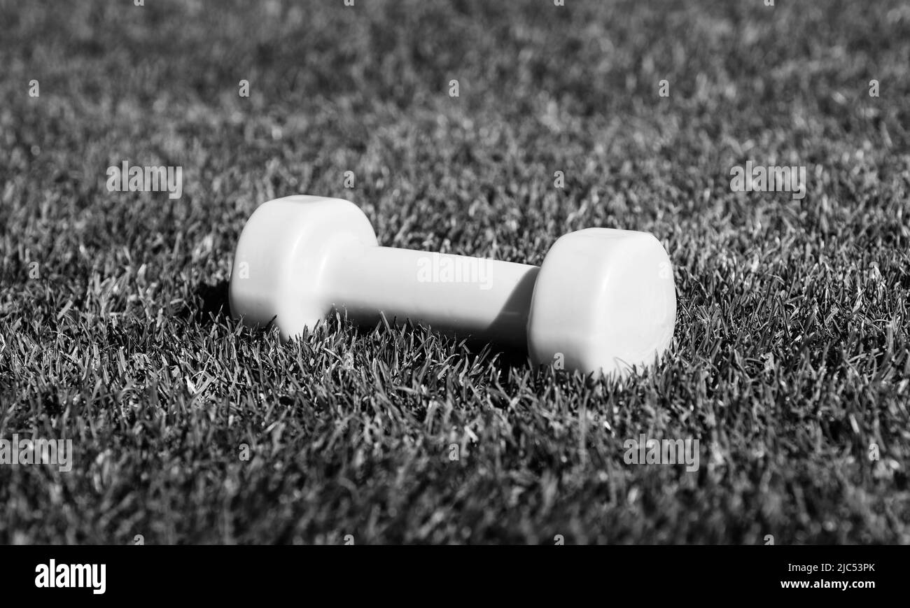 dumbbells outdoor green lawn. fitness. healthy lifestyle. weight ...