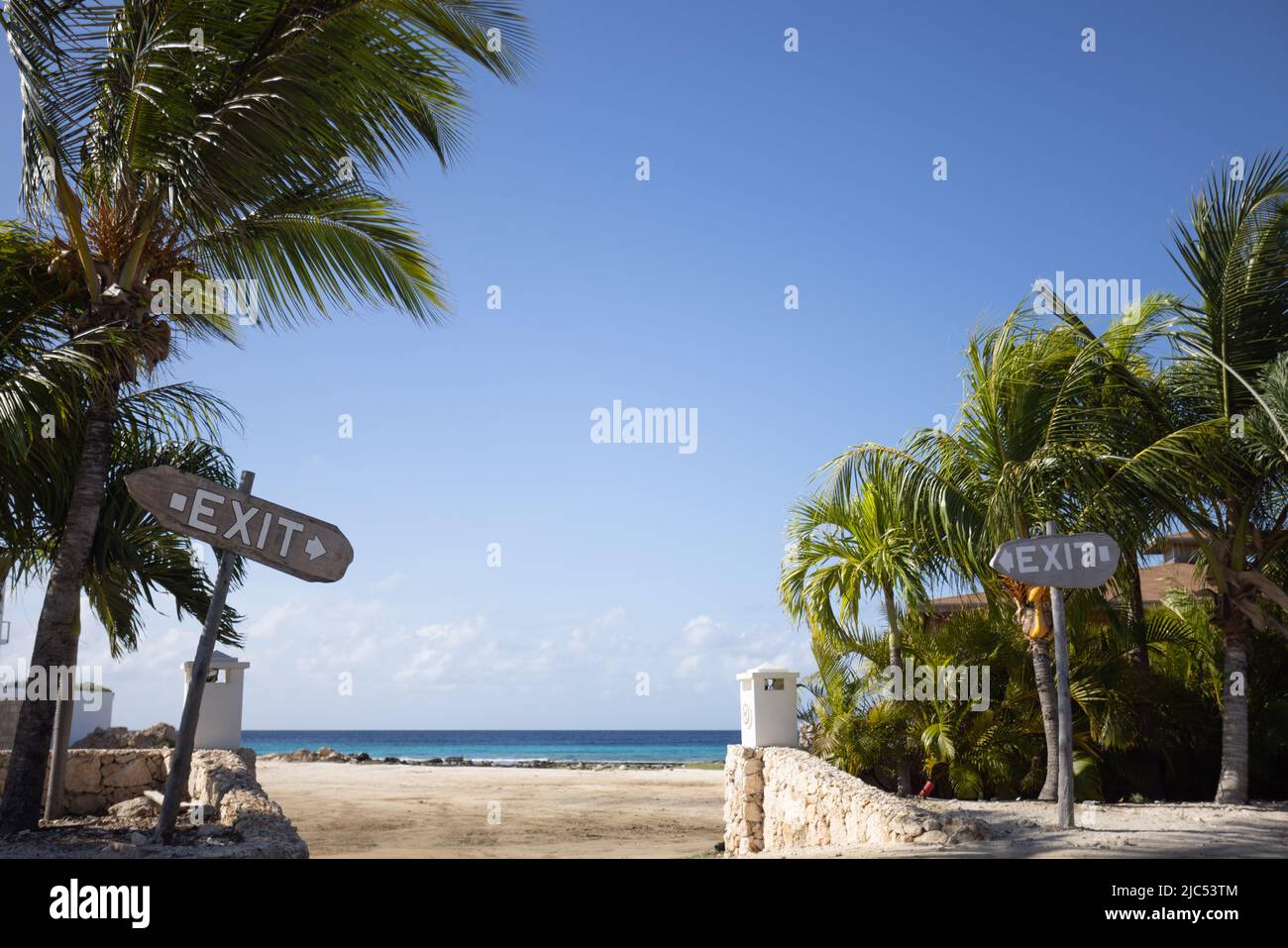 Road sign Exit between palm trees. Way to the sea Stock Photo - Alamy