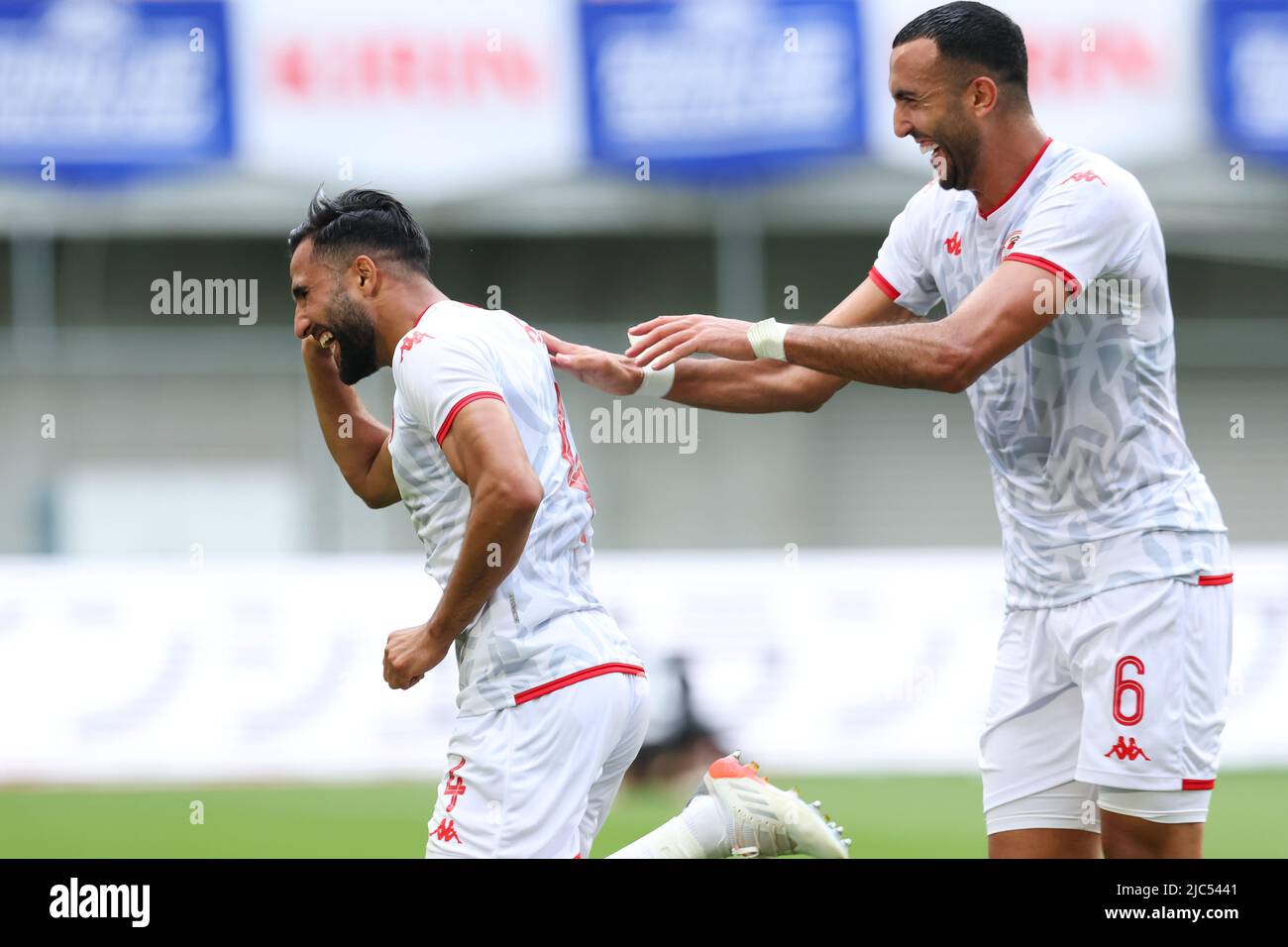Hyogo, Japan. 10th June, 2022. (L to R) Ali Elabdi, Nader Ghandri (TUN ...