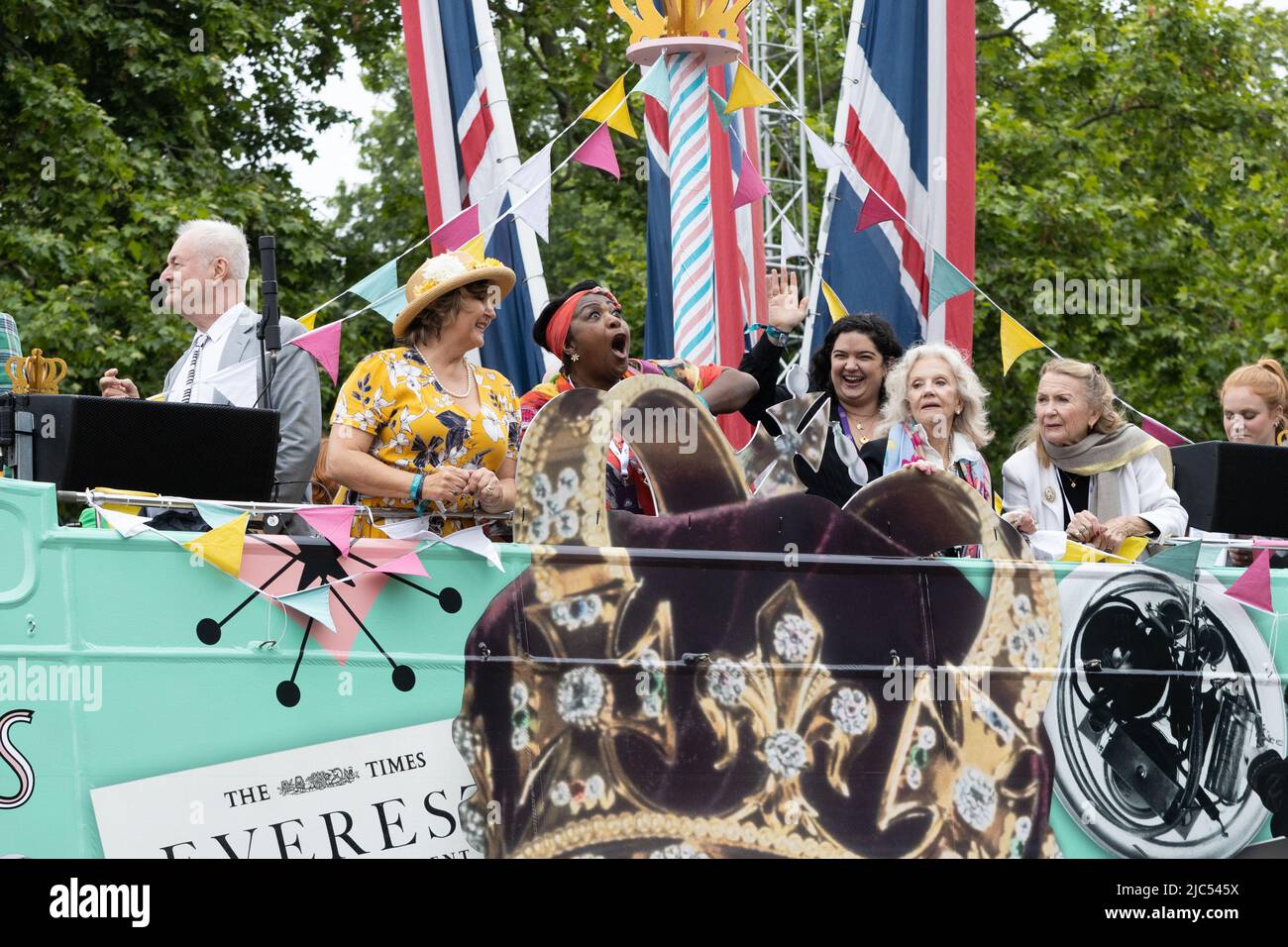 5th June 2022 - British celebrities take part on an open top theme bus ...