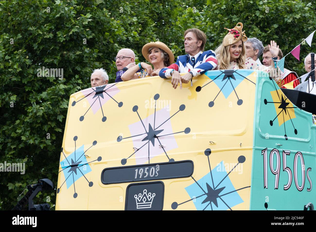 5th June 2022 - British celebrities on an open top bus in the Mall ...
