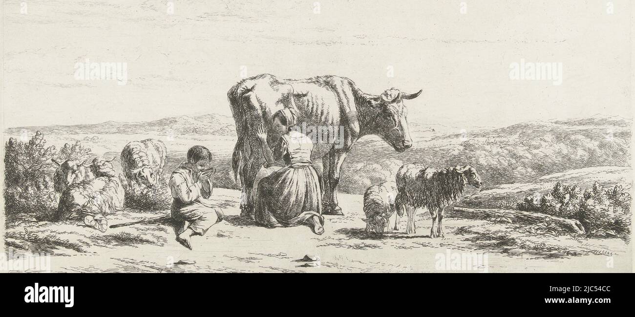 Landscape with woman milking cow and boy with sheep, print maker: Simon ...
