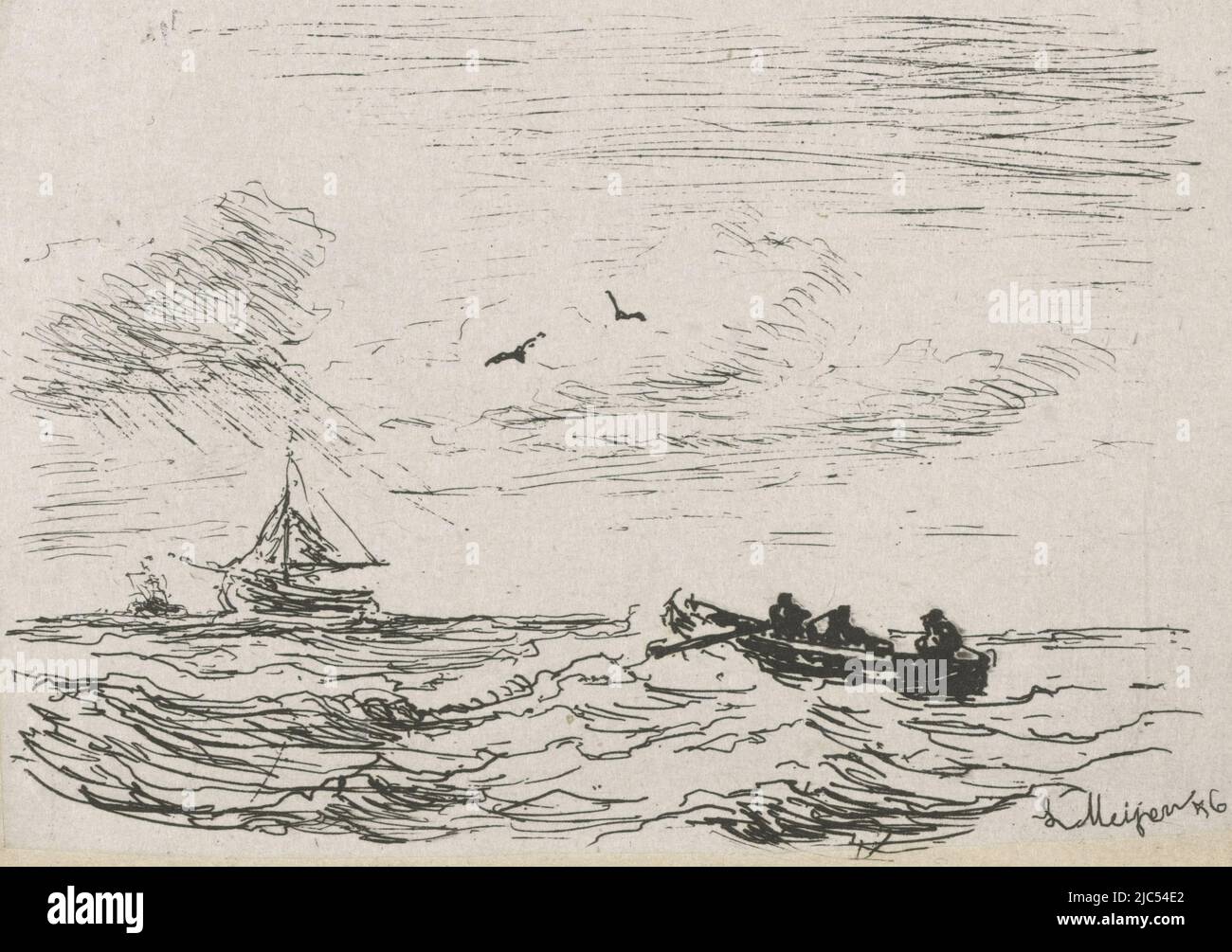 Seascape with three figures in a rowboat. On the horizon a sailing ship ...