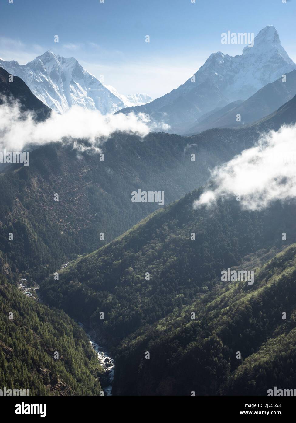 Lhotse (8516m) and Ama Dablam (6856m) above the Dudh Koshi from near ...