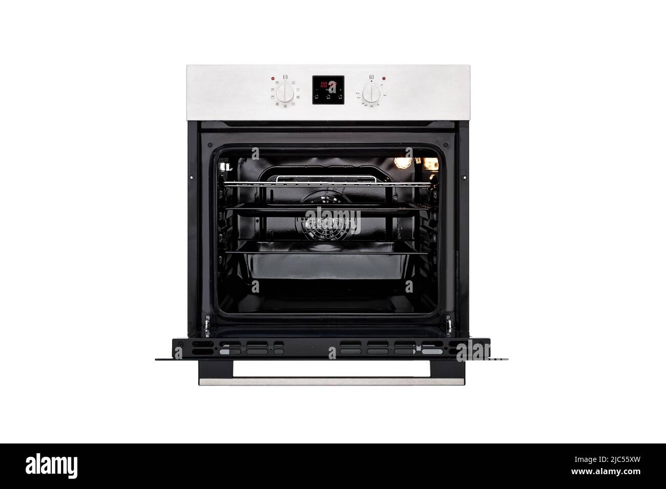 Electric oven with open door and lighting on. Front view. Isolated on ...