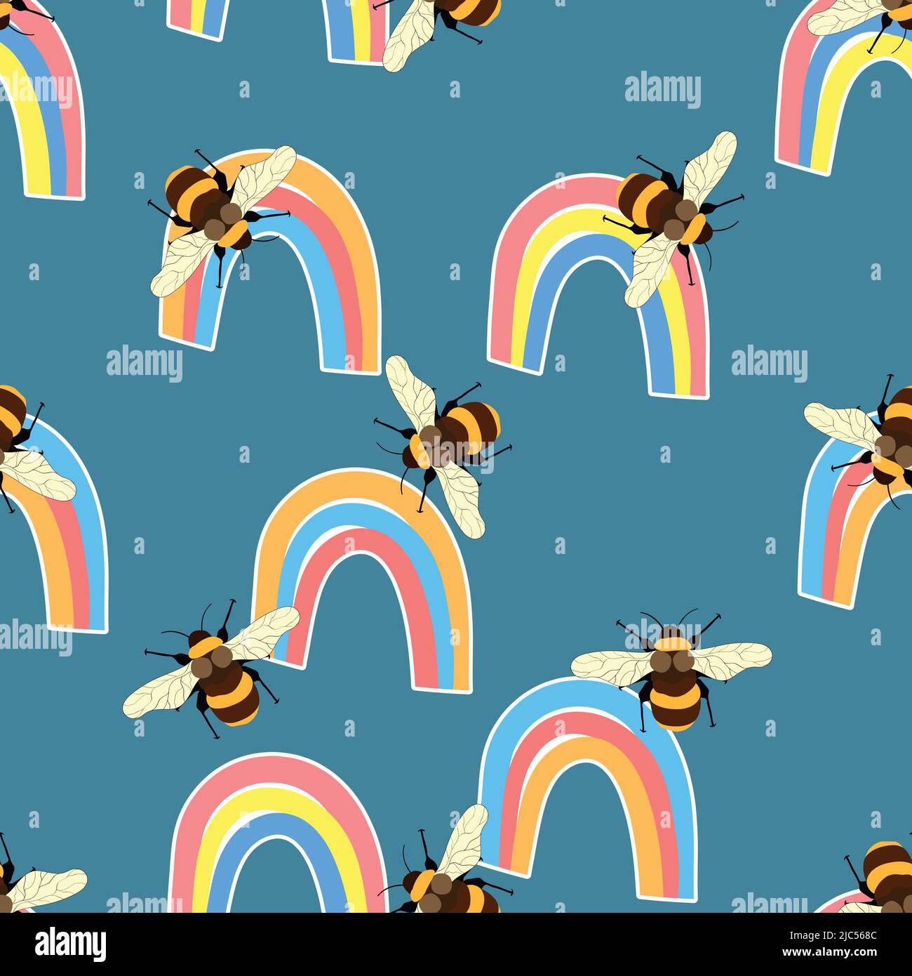 Seamless pattern with bees and rainbow. Small wasp. Vector illustration ...