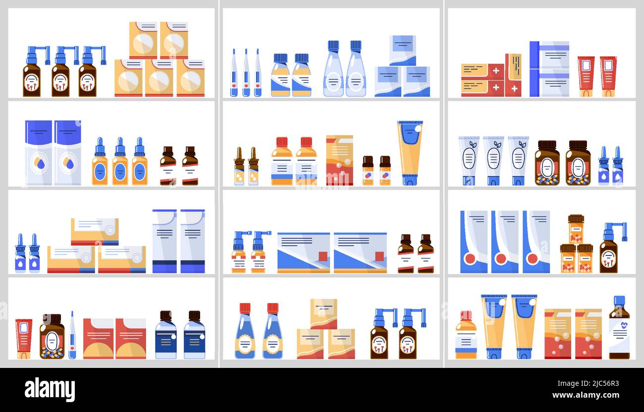 Different medicine,drug products in the pharmacy store on shelves.Flat ...