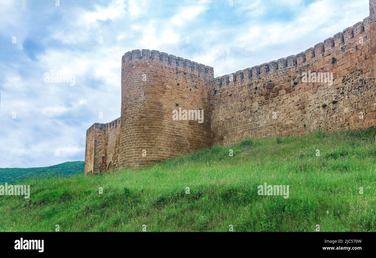 wall of a medieval fortress above a rampart overgrown with grass ...