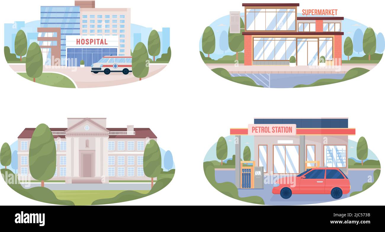 Town infrastructure 2D vector isolated illustrations set Stock Vector ...