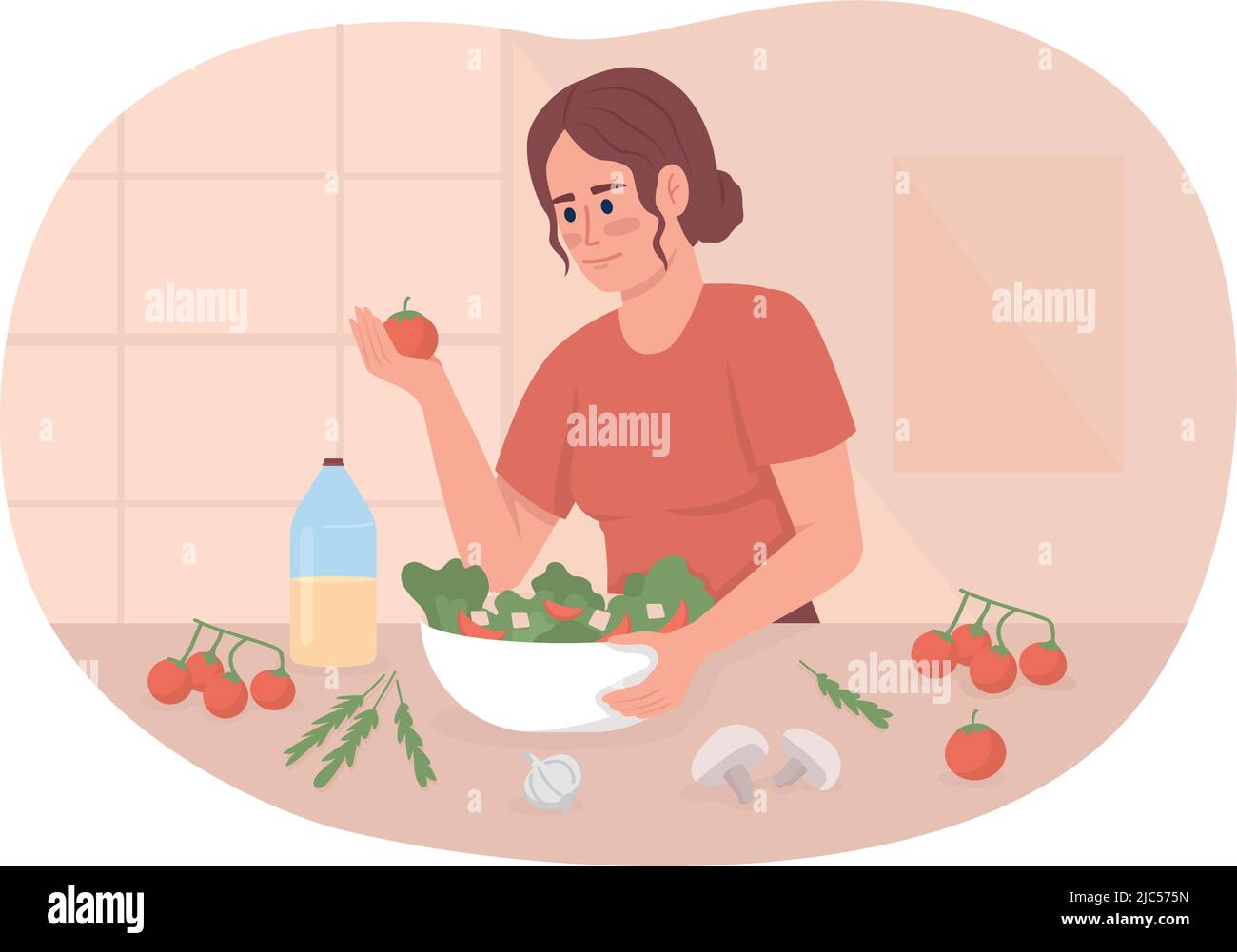Making salad with fresh vegetables and mayonnaise 2D vector isolated ...