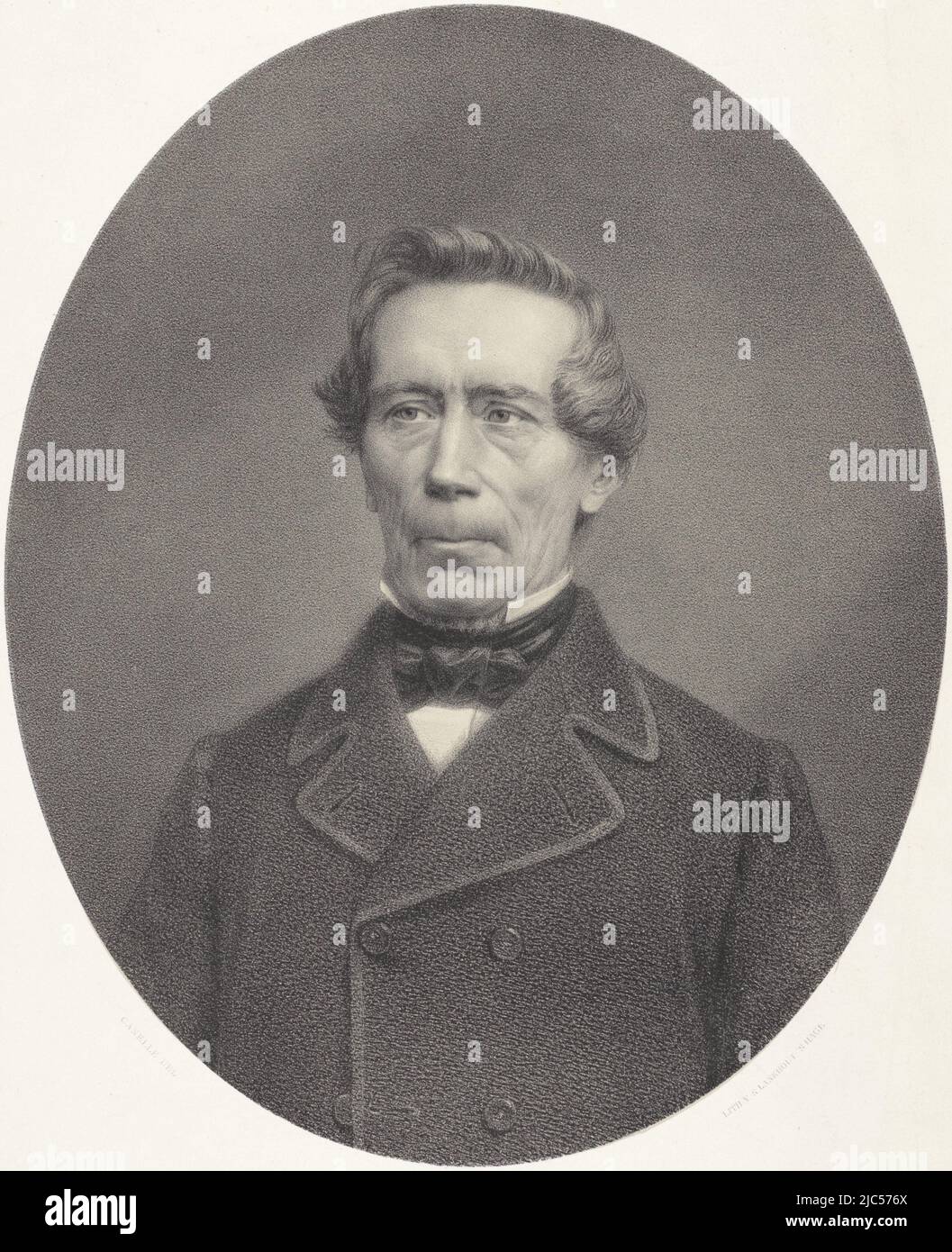 The person portrayed is wearing a coat with four buttons, one of which ...