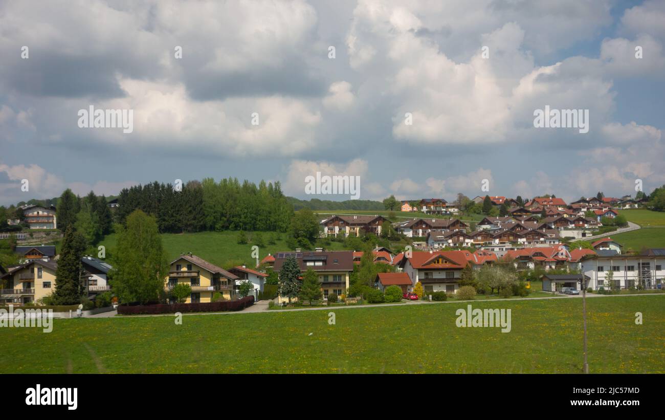 Scenic view of a beautiful little town in the Austrian countryside with ...