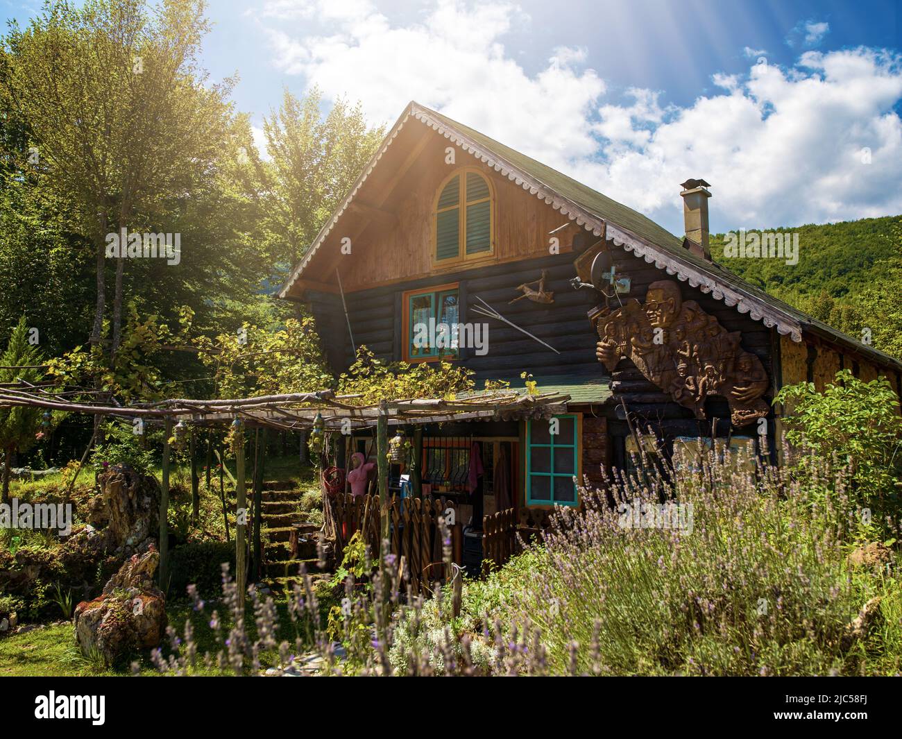 wooden cottage house traditional natural in the forest with garden ...