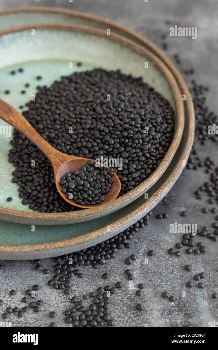 Plate of dry black lentils beans with a spoon on grey table close up ...