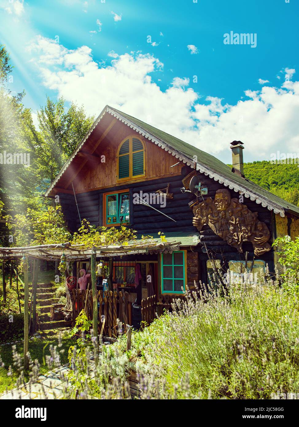 wooden cottage house traditional natural in the forest with garden ...