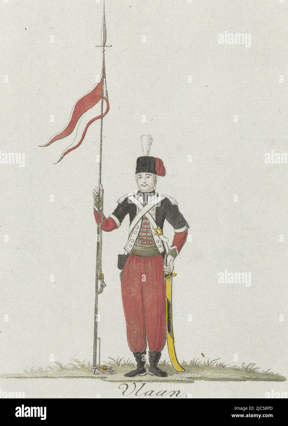 Standing Ulaan in uniform with banner. Part of the print series of ...