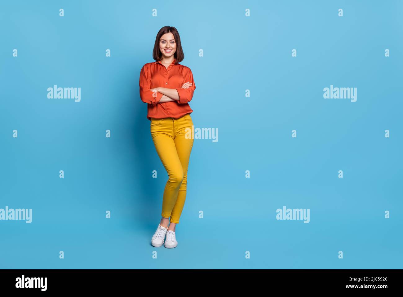 Full size photo of young lovely lady folded hands standing manager ...