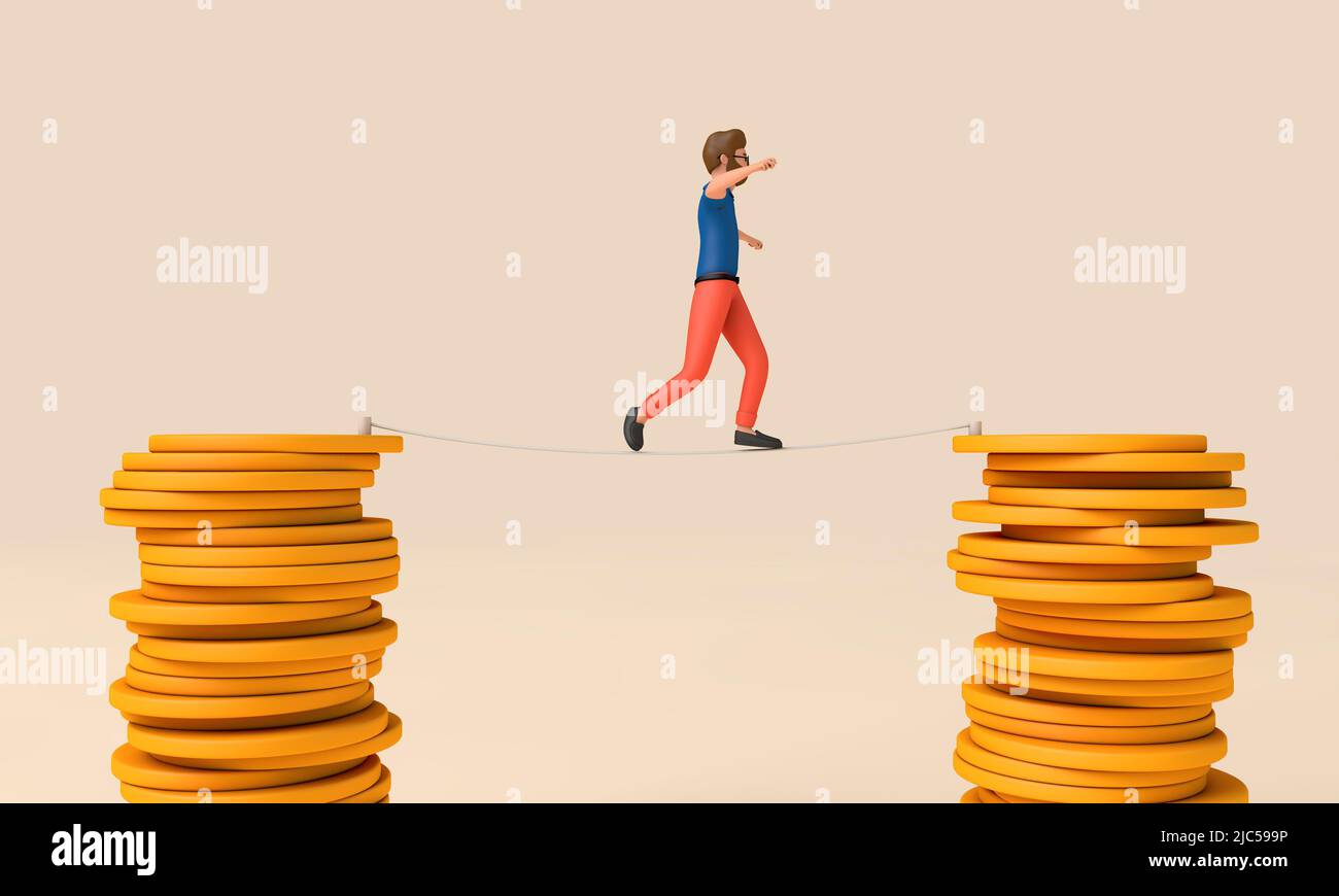 Man balancing on a tightrope between two stacks of coins. 3D Rendering ...