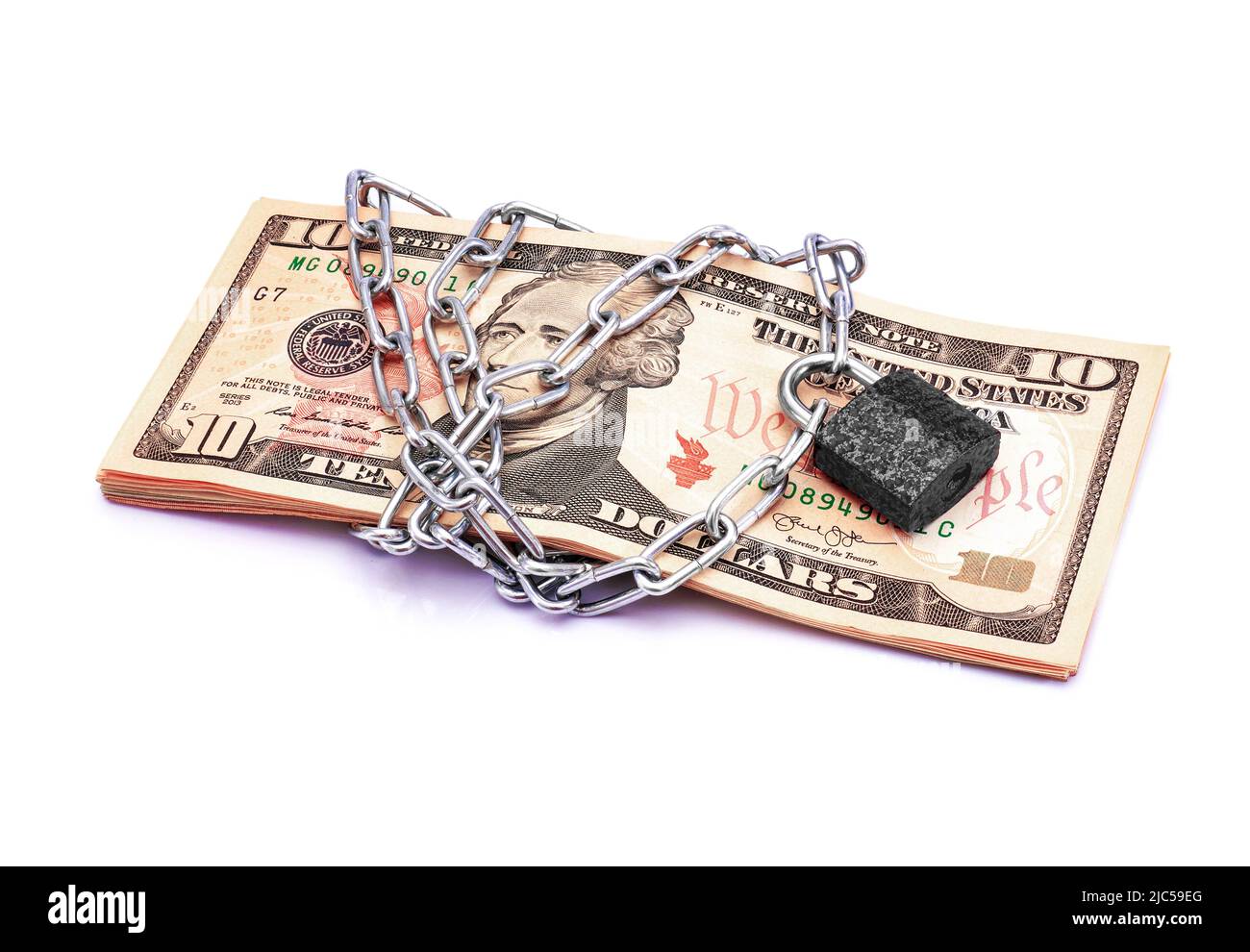 wad of dollar bills wrapped with chain with padlock isolated on white ...