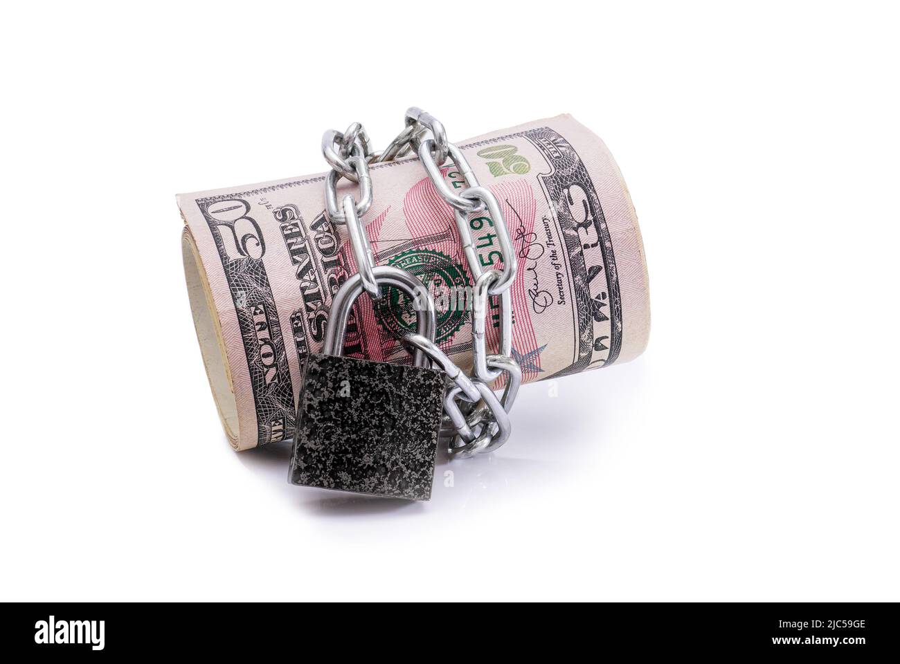 roll of dollar banknotes wrapped with chain with padlock isolated on ...