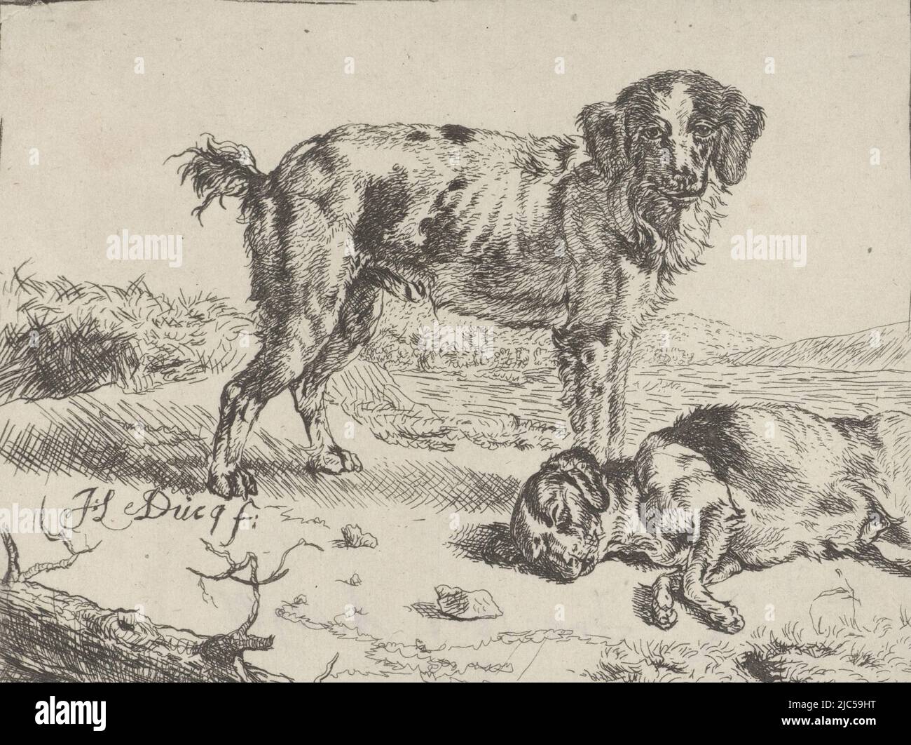 A Standing and Sleeping Dog in a Landscape, Standing and Sleeping Dog ...