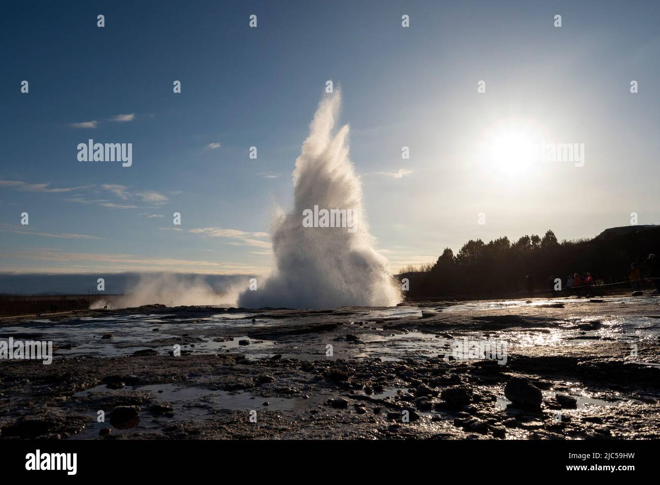 Eruption of the Strokkur geyser at dusk, less know but more active than ...