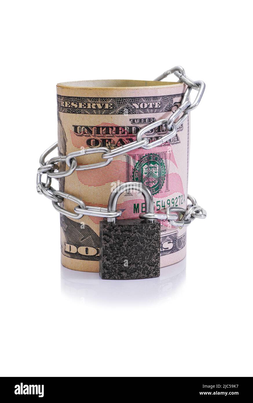 roll of dollar banknotes wrapped with chain with padlock isolated on ...