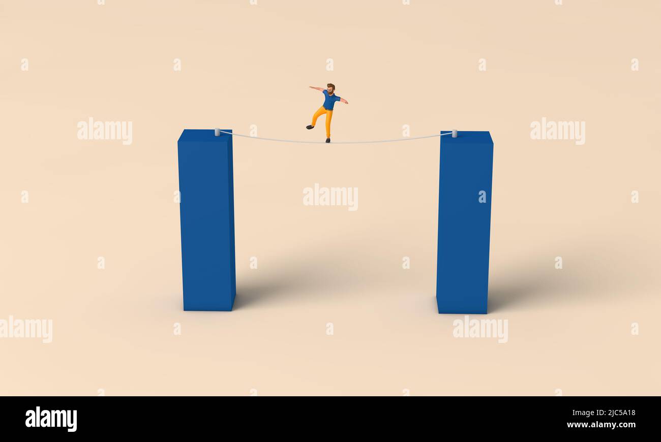 Person walking on a tight rope across a gap. Business challenge concept ...