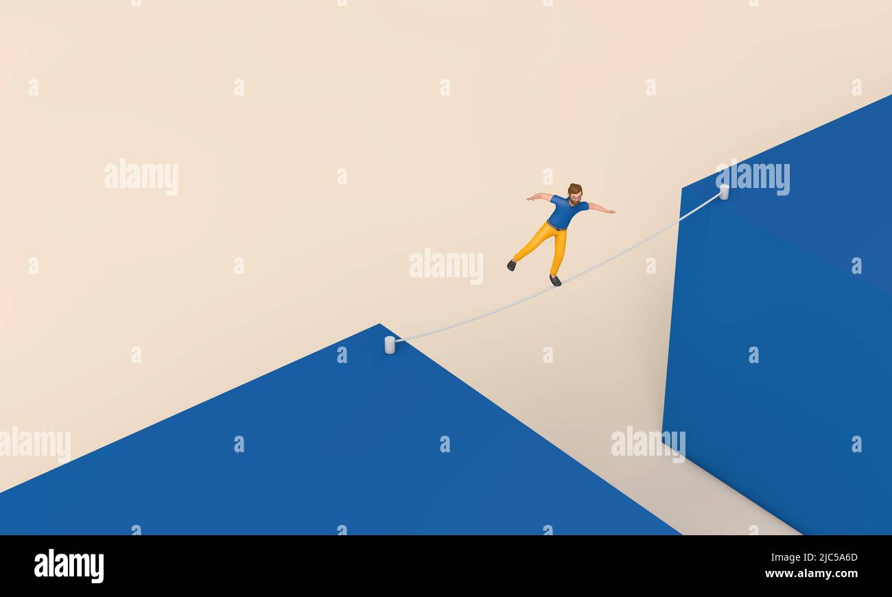 Person walking on a tight rope across a gap. Business challenge concept ...