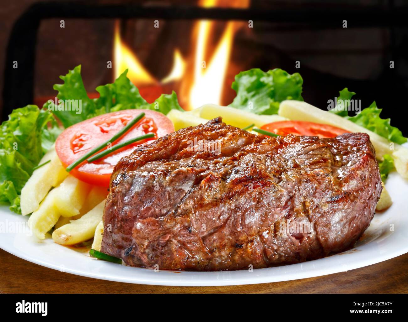 Grilled Steak with Salad and Potatoes Stock Photo - Alamy