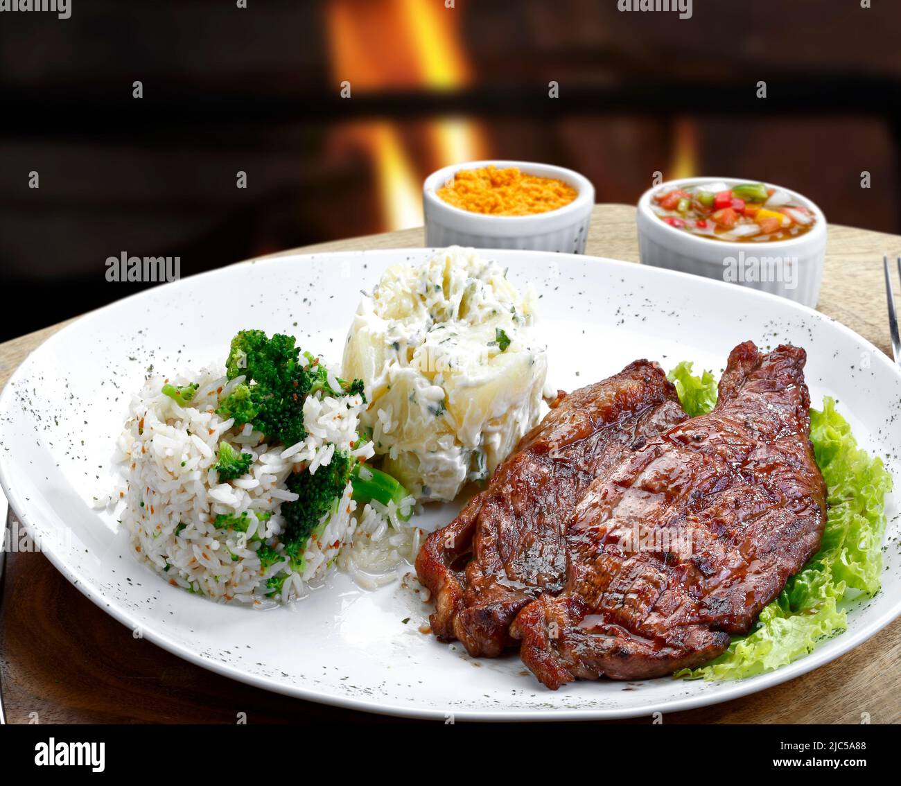 Grilled Steak with Salad and Mashed Potatoes Stock Photo - Alamy