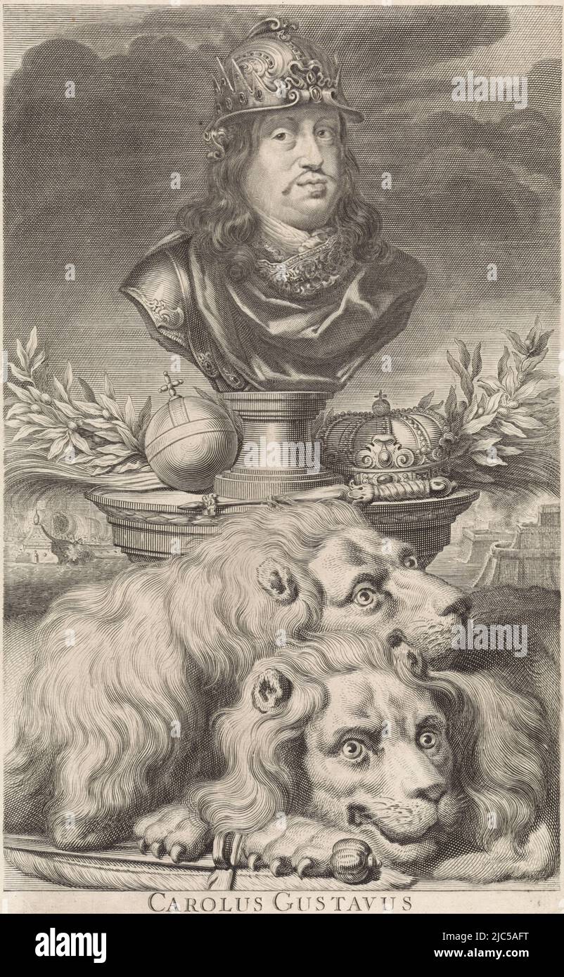 Portrait of Charles XI, King of Sweden, as a sculpted bust on a pied ...