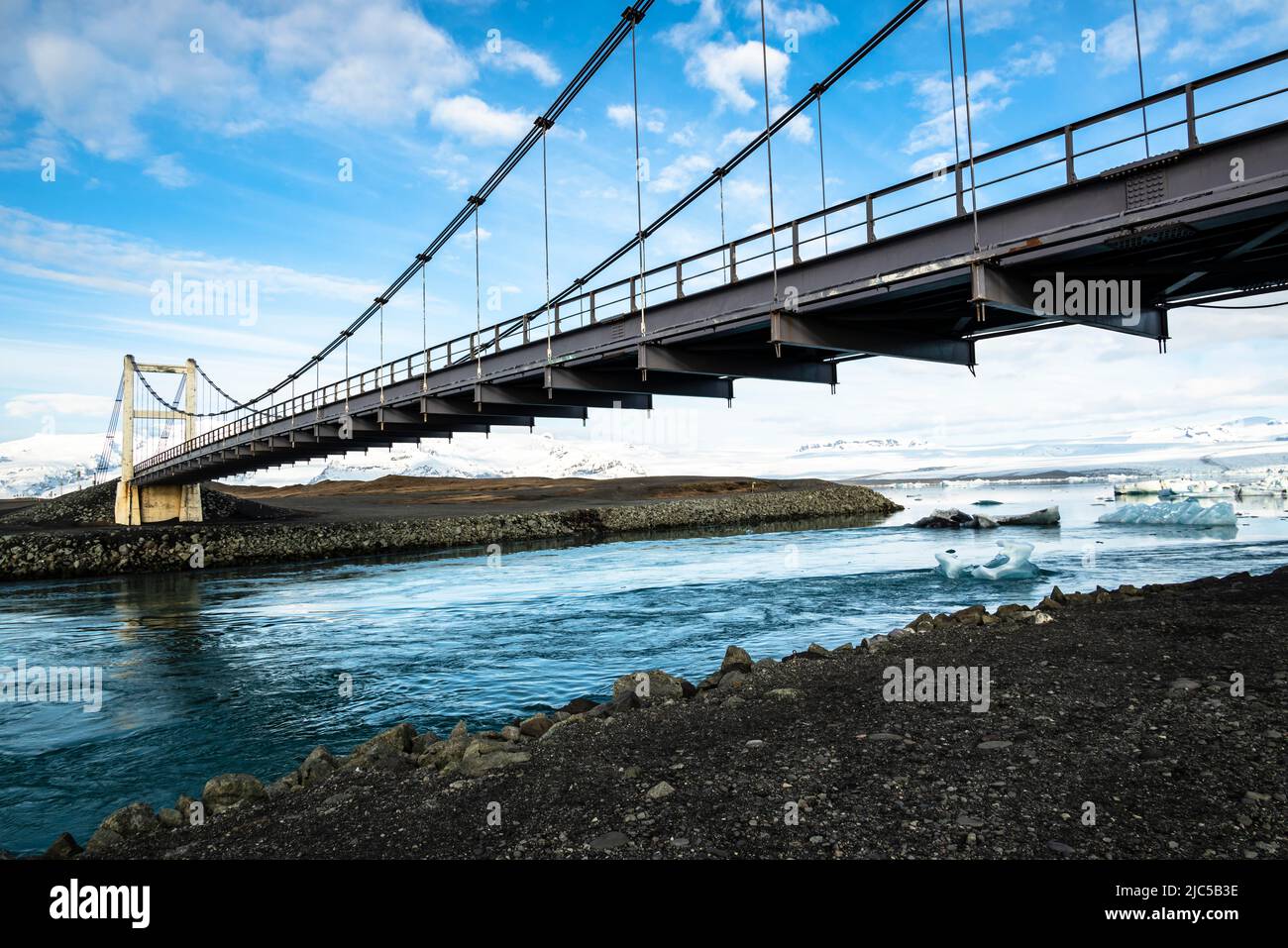 Icebergs floating under the suspension bridge of Route 1 / Hringvegur ...