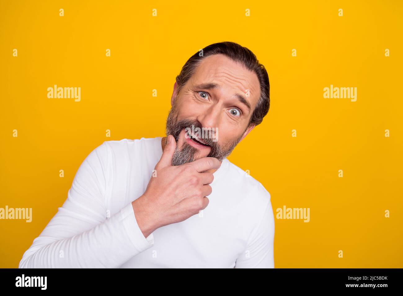 Photo of think mature brunet man hand face wear white shirt isolated on ...