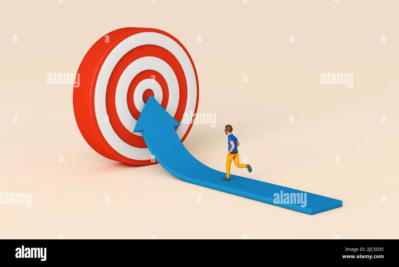 Cartoon style character running up a direction arrow to a target. 3D ...