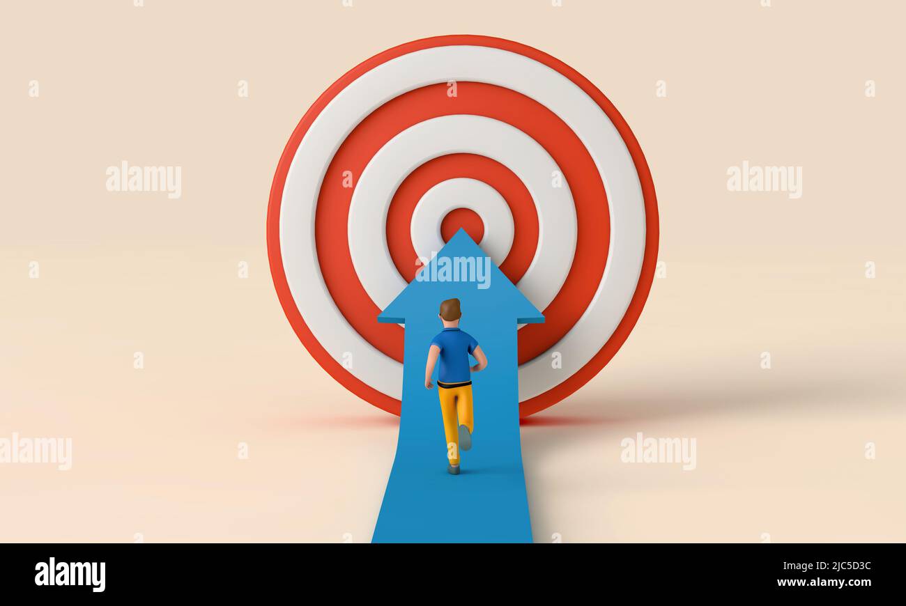 Cartoon style character running up a direction arrow to a target. 3D ...