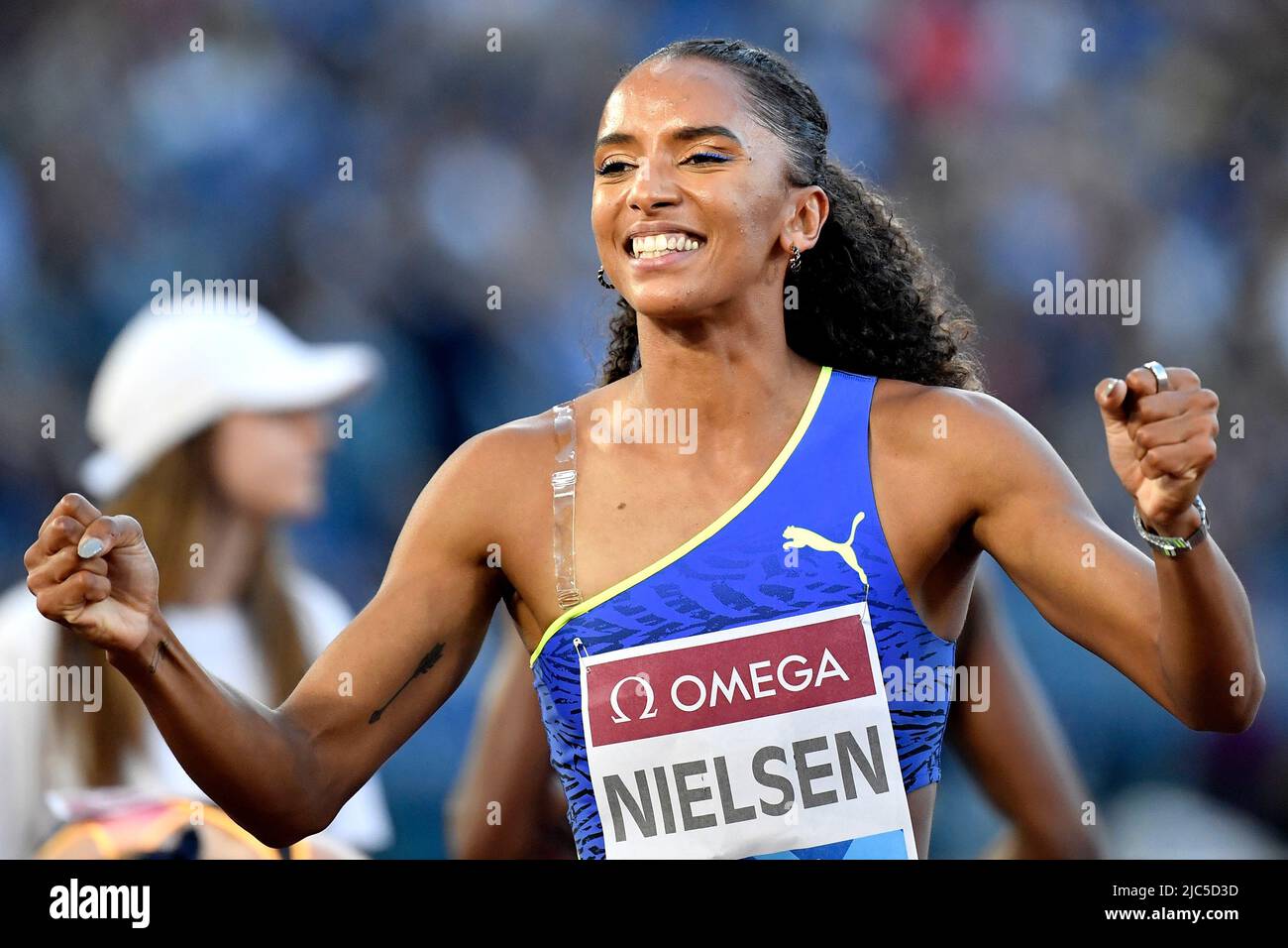Lina Nielsen of Great Britain celebrates after compete in the 400m ...