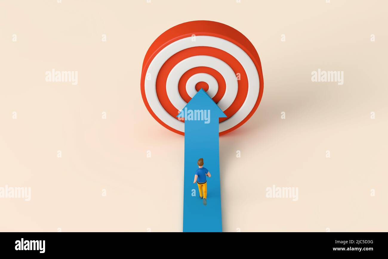 Cartoon style character running up a direction arrow to a target. 3D ...
