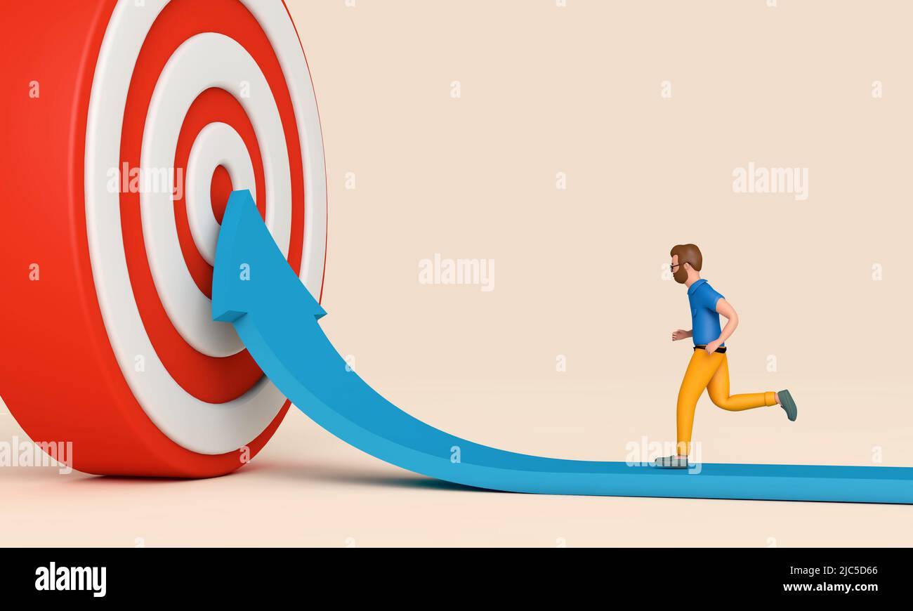 Cartoon style character running up a direction arrow to a target. 3D ...