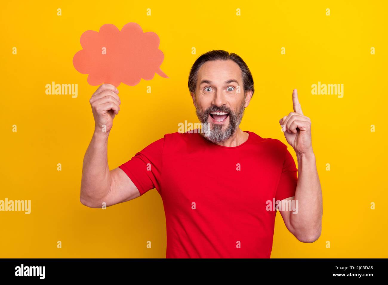 Photo of hooray young brunet man index up wear trend cloth isolated on ...