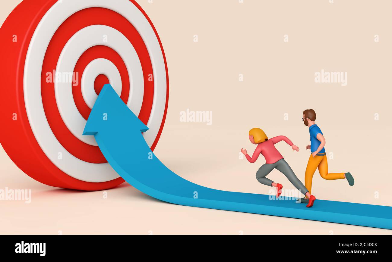 Cartoon style character running up a direction arrow to a target. 3D ...