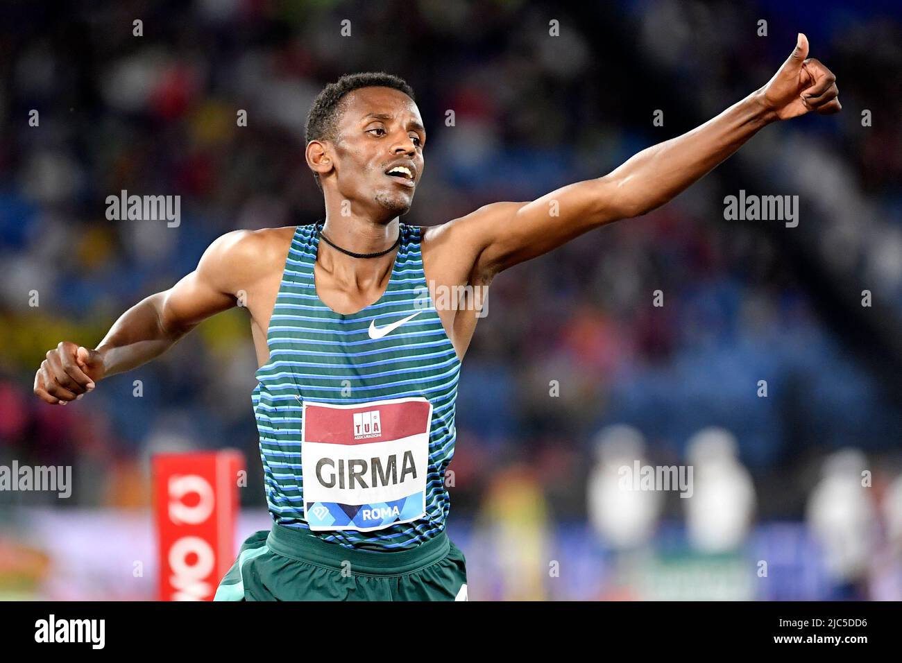 Lamecha Girma of Ethiopia celebrates after compete in the 3000m ...