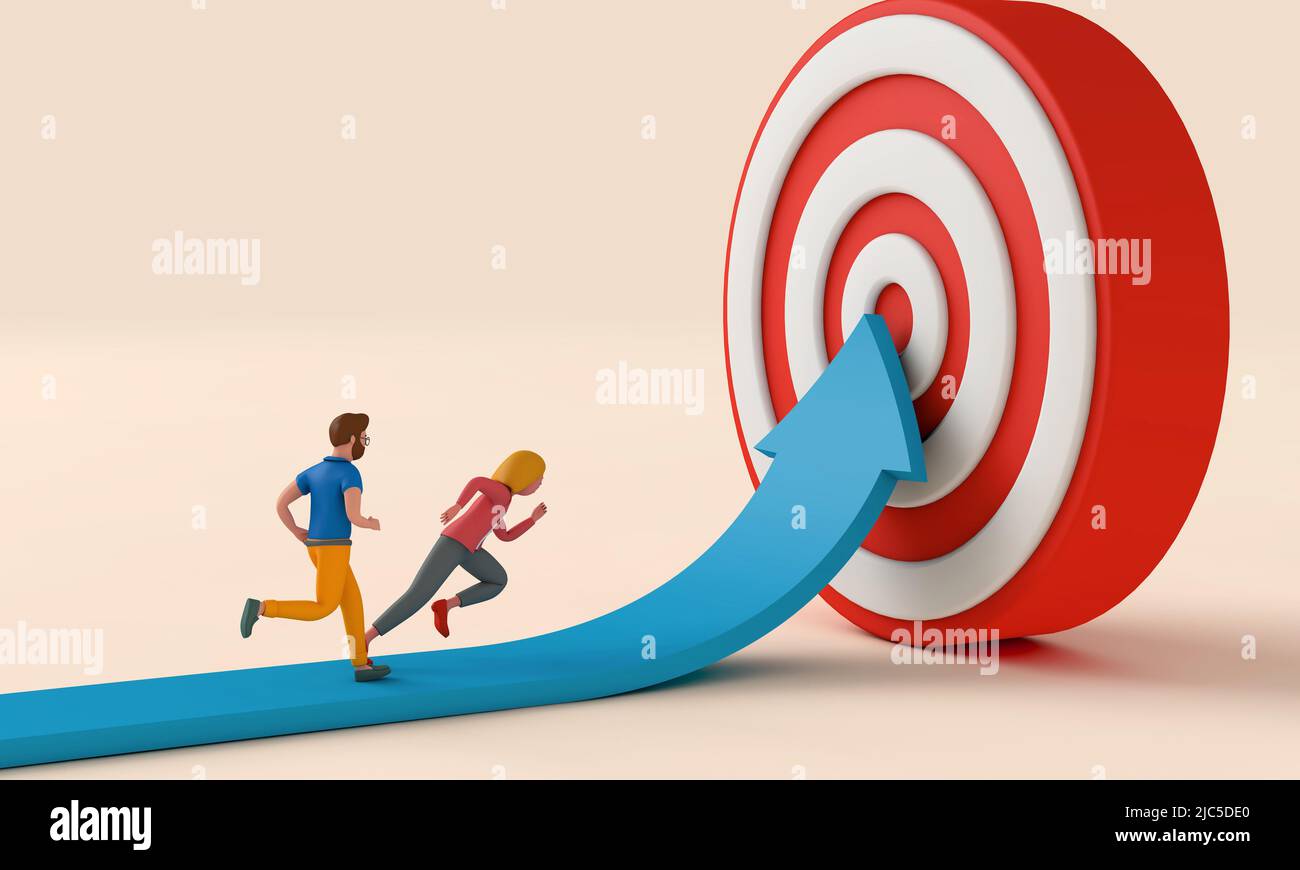 Cartoon style character running up a direction arrow to a target. 3D ...