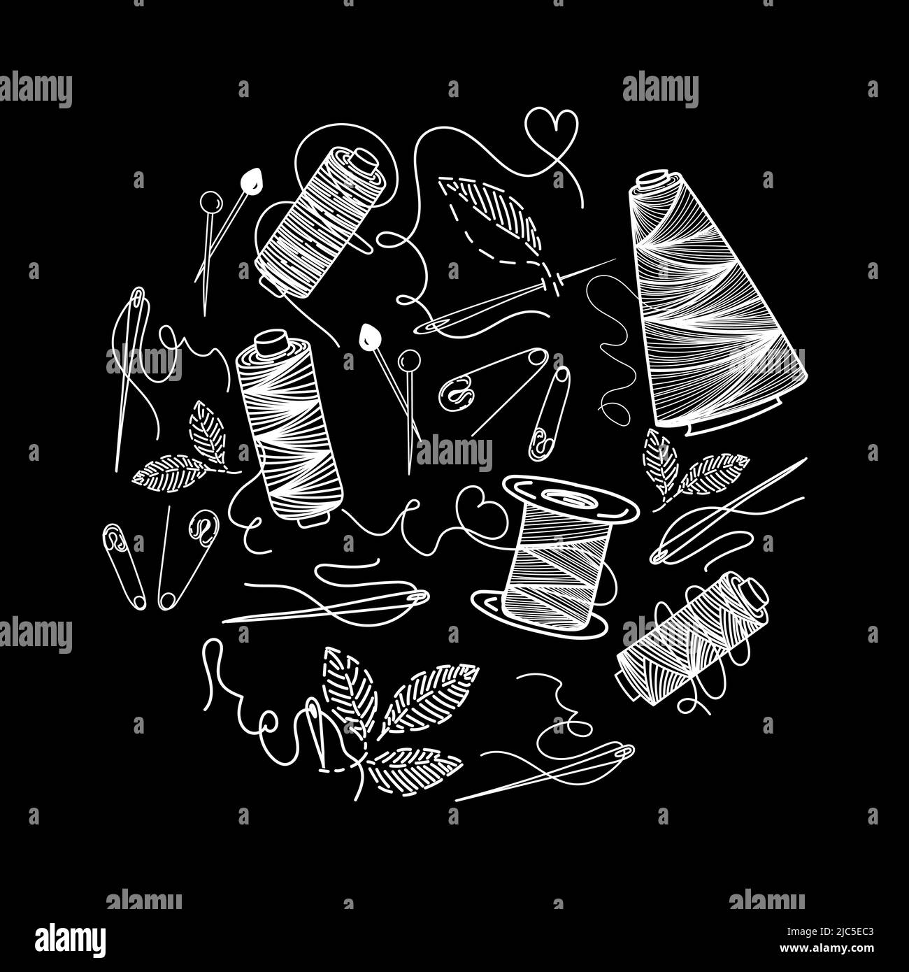 Set of sewing thread, hand-drawn doodles in sketch style. Elements in a ...