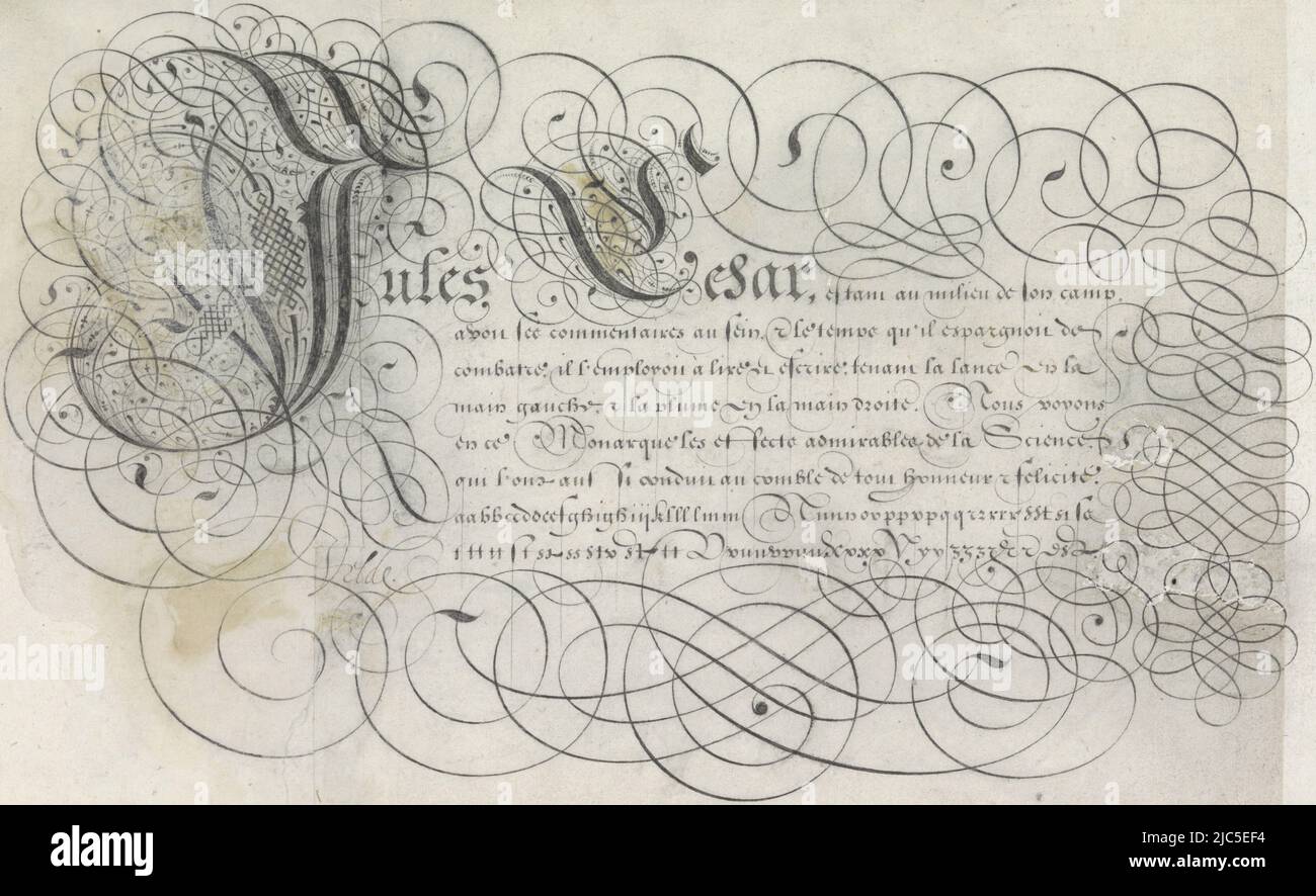 Calligraphic drawing with ornamented initial J and eight lines of text ...