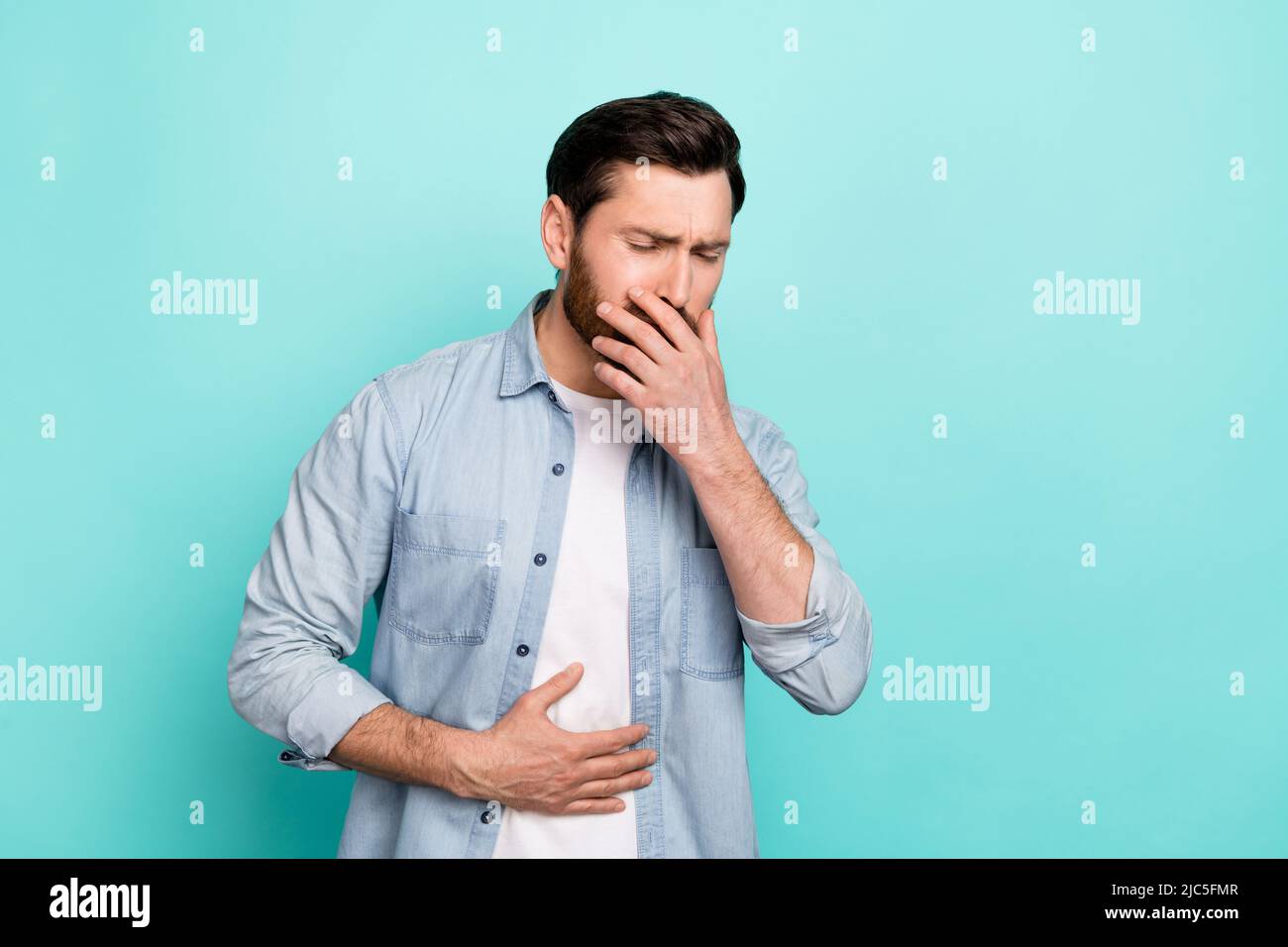 Photo of guy have hangover party suffer severe vomiting hand on belly ...