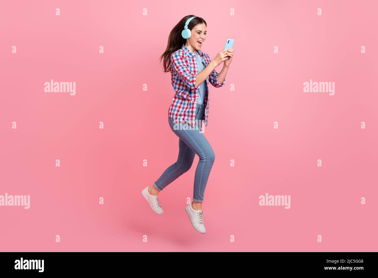 Full body profile side photo of cheerful energetic girl chatting with ...