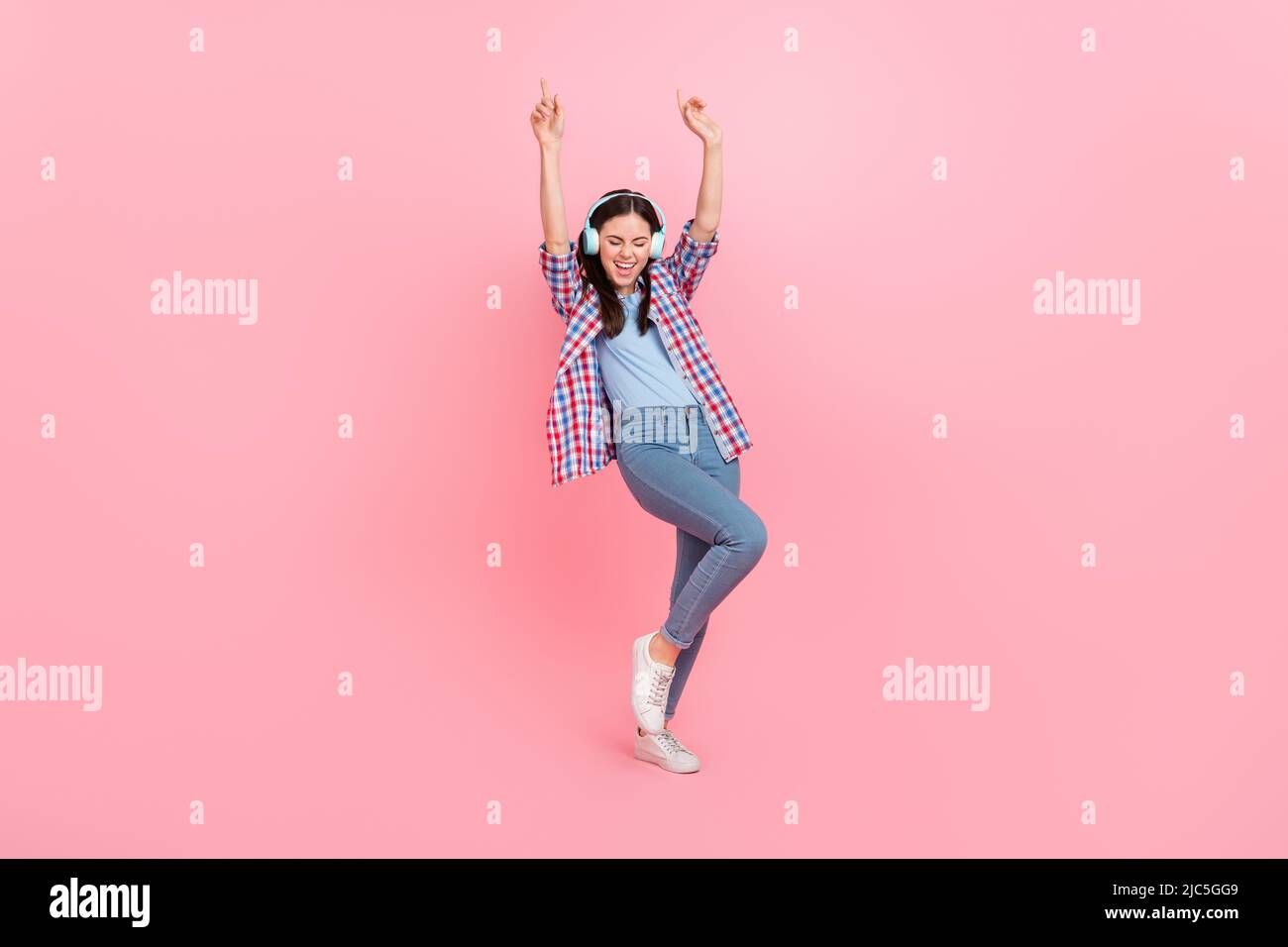 Full body photo of ecstatic delighted cheerful female have fun in ...